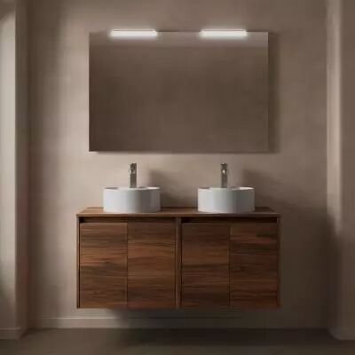Ensemble NOJA 120cm meuble 4 portes Noyer Maya + plan (vasques & miroir ...
